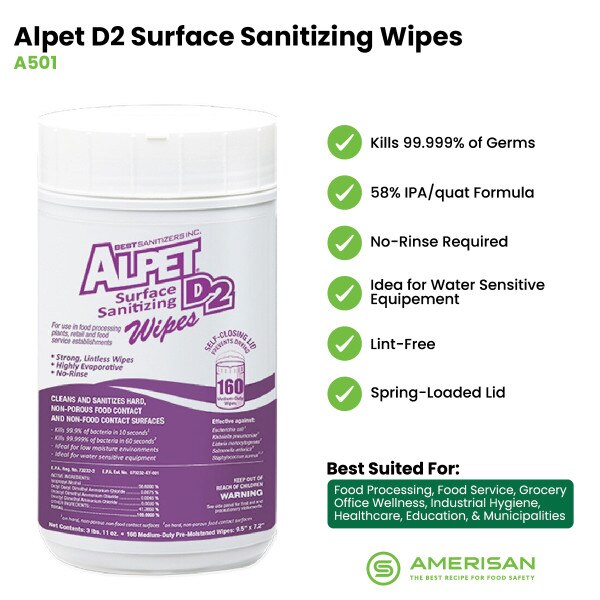 Alpet D2 Surface Sanitizing Wipes 160 Count, 6/case - A501 | Amerisan LLC
